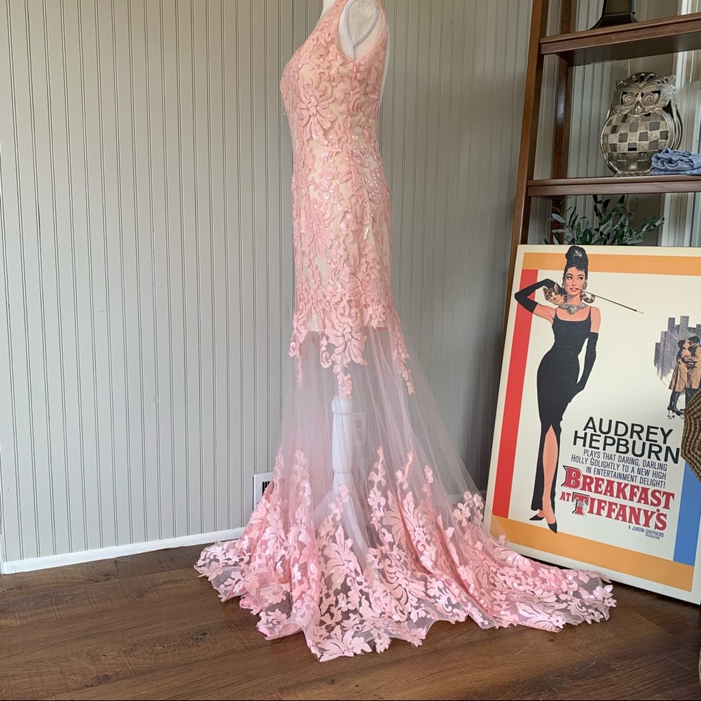 Glamorous Sheer Embellished Pink Floral Long Dress Go… - Gem